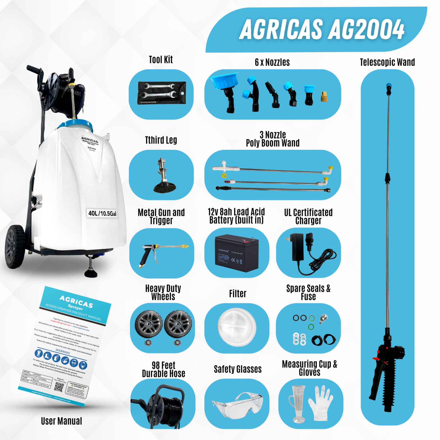 AGRICAS AG2004 Battery-Powered Cart Sprayer / Double Pump 10.5 Gal,40 ...